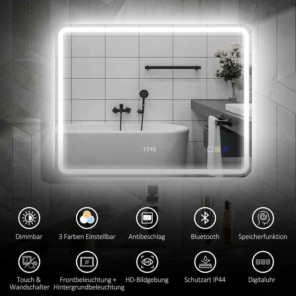 HOMCOM Koupelnové zrcadlo s LED osvětlením, protimlžnou podložkou, 3 nastavitelné barvy, hodiny, 700 x 900 mm, stříbrná barva