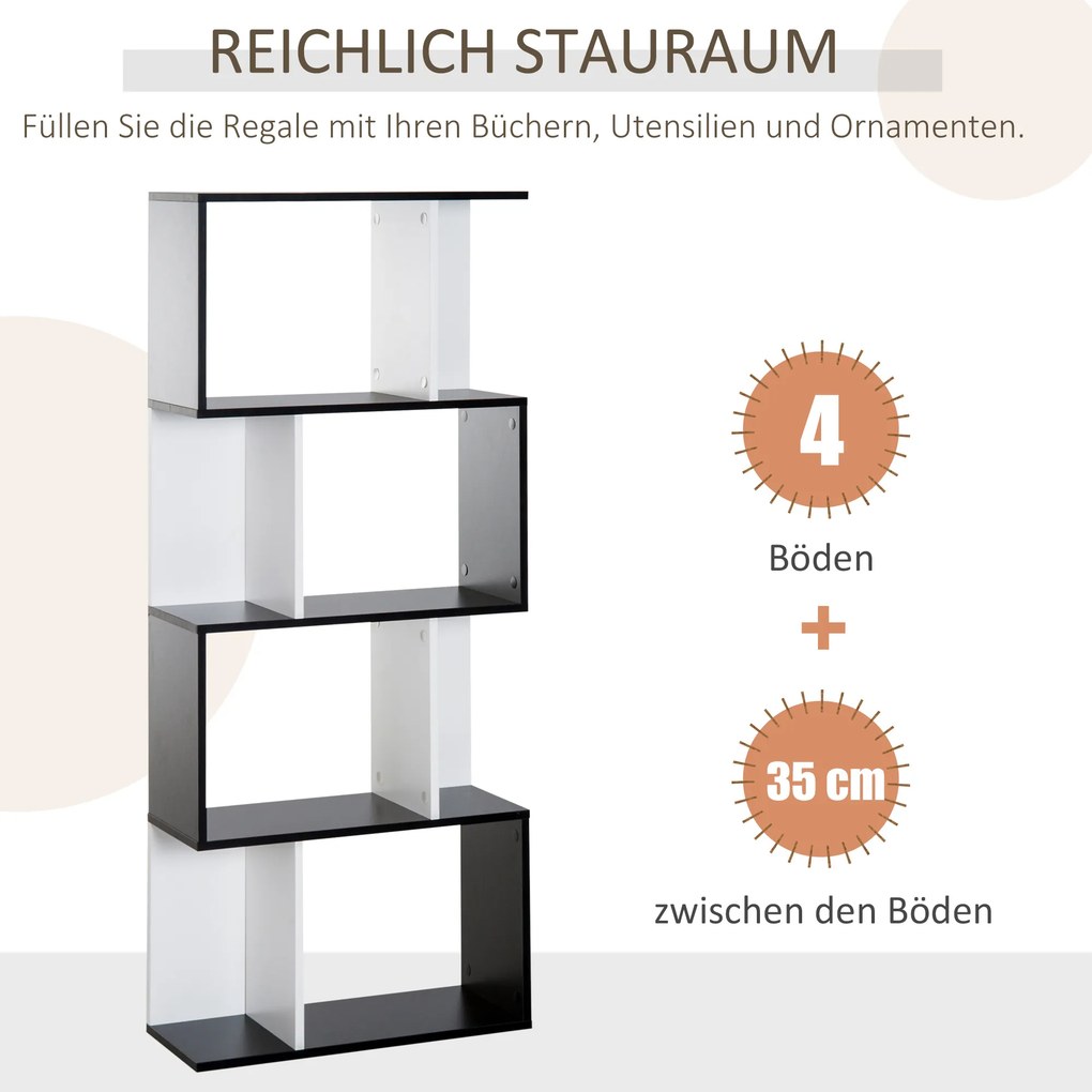 HOMCOM Moderní S-šatková knihovna s úložným prostorem, 4 police 60D x 24Š x 148V cm, černá/bílá