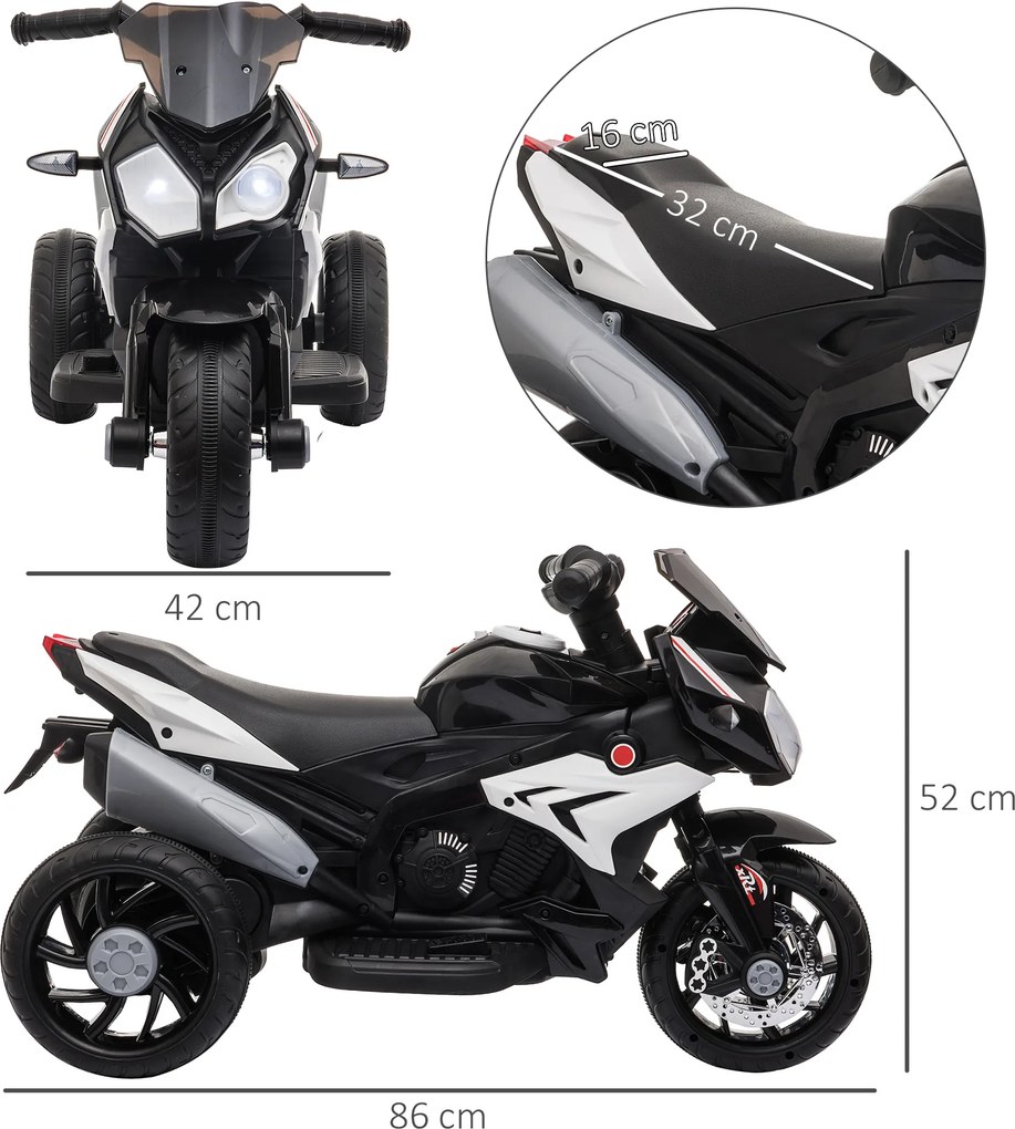 HOMCOM Dětská elektrická tříkolka Trimoto pro děti od 3 let s dobíjecí 6V baterií, hudebním klaksonem a světlomety 86x42x52 cm Černobílá