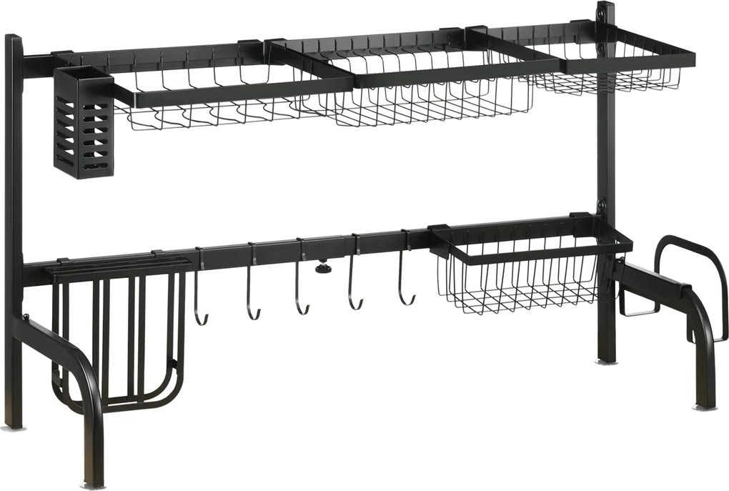 HOMCOM Sušák na nádobí, dvouúrovňový stojan na sušení nádobí, sušák o rozměrech 51-93 cm s háčky, odkapávač pro kuchyňský dřez, nerezová ocel, černý