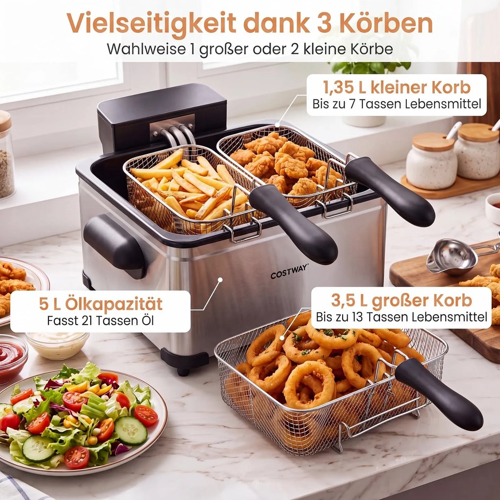 Costway Digitální fritéza s olejem 5 L 1700 W nerezové hrnce na smažení hranolků