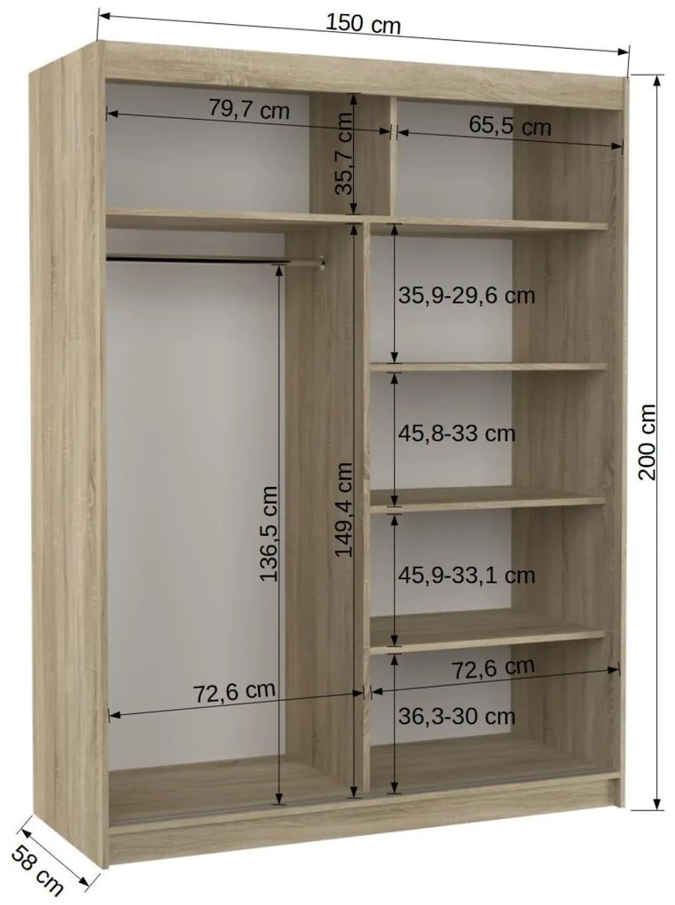 Šatní skříň s posuvnými dveřmi Collin - 150 cm Barva: dub Sonoma