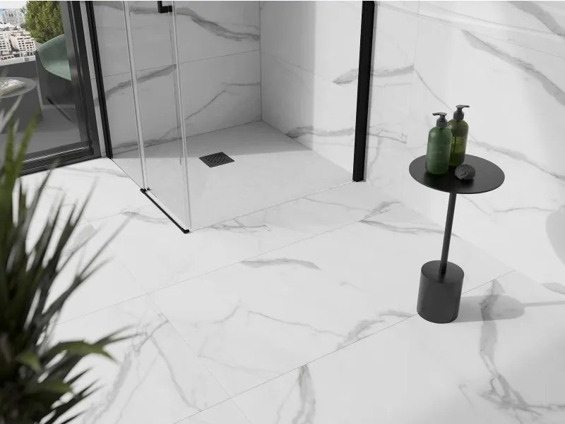 Mexen Stone+, čtvercová vanička z minerálního kompozitu 90 x 90 cm, bílá, černá krytka, 44109090-B