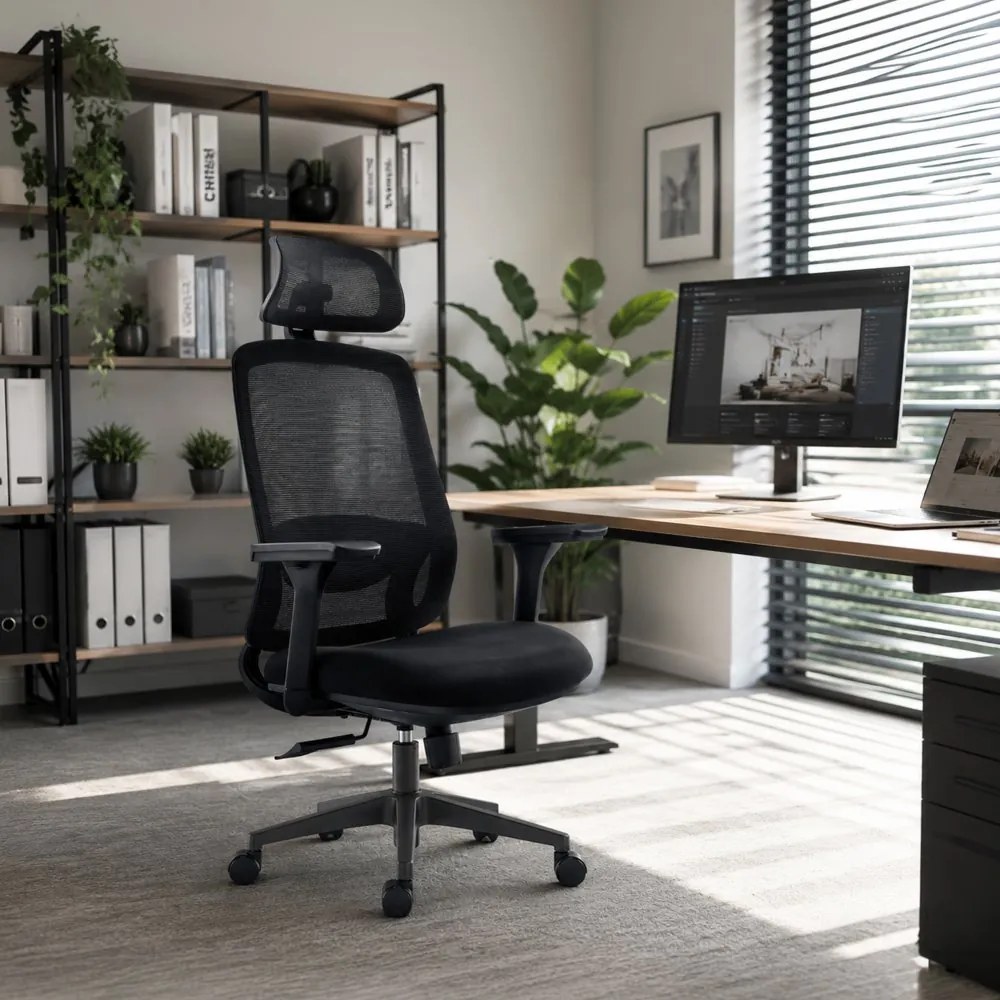 Kancelářská ergonomická židle NOKA — síť / látka, černá, nosnost 150 kg