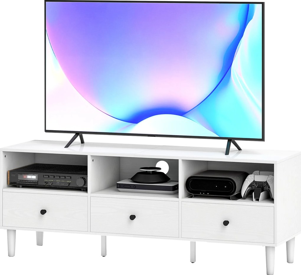 HOMCOM Moderní TV stolek do obývacího pokoje s 3 otevřenými přihrádkami, 3 zásuvkami a otvorem na kabely pro TV 45/55/65 palců 120x34x45 cm Bílý | Aos