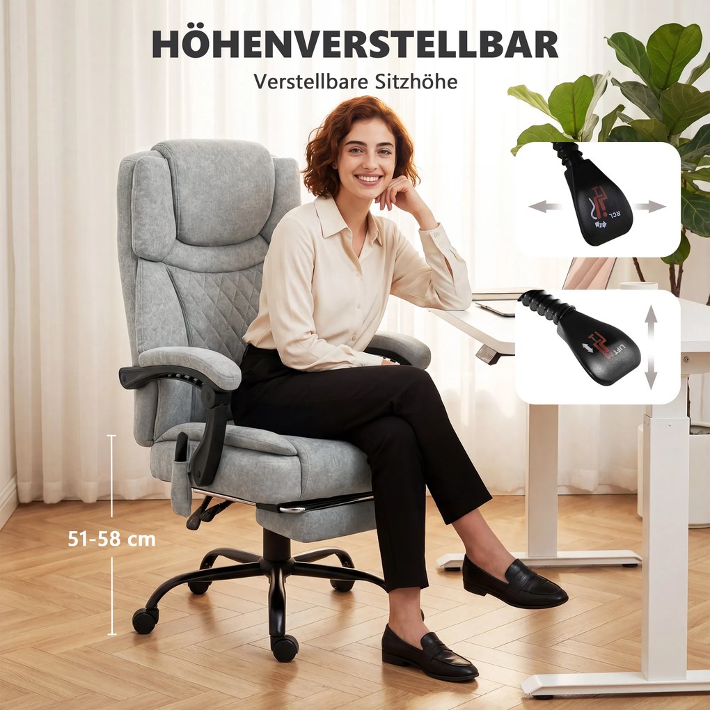 HOMCOM kancelářské křeslo s masáží — ergonomické polohovatelné vyhřívané manažerské křeslo se širokým sedákem, vzhled sametu, výškově nastavitelné, s…