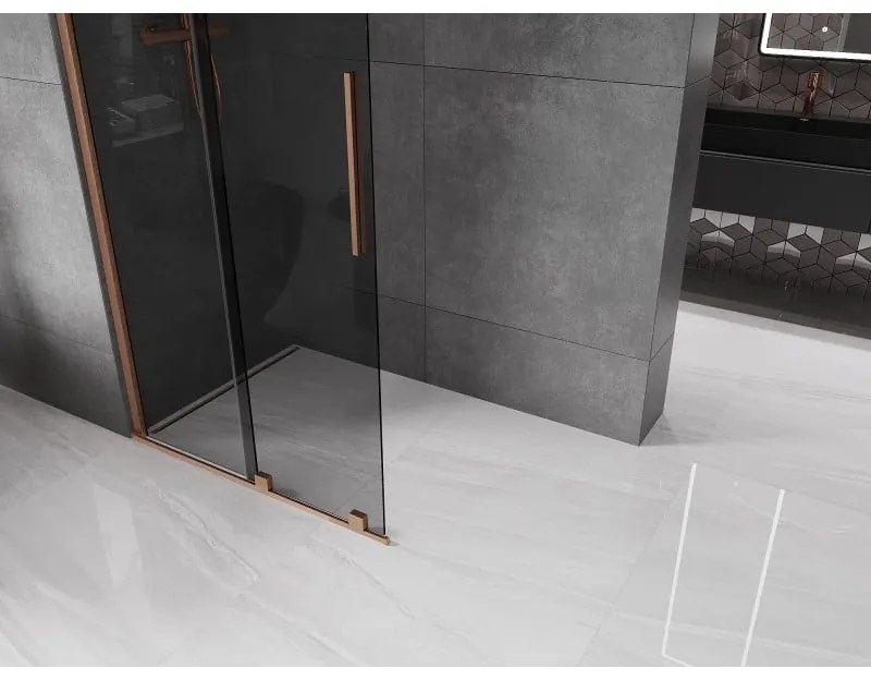 Mexen Velar, sprchová zástěna s posuvnými dveřmi Walk-in 70 x 200 cm, 8mm šedé sklo, měděná matná, 871-070-000-43-65