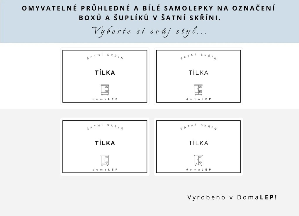 TÍLKA - Samolepka na šuplíky a boxy do šatní skříně, 8,5 x 5,5 cm - DomaLEP varianta: SAMOLEPKA, barva: PRŮHLEDNÁ - ČERNÉ písmo, velikost: š. 8,5 cm x v. 5,5 cm - tučné písmo
