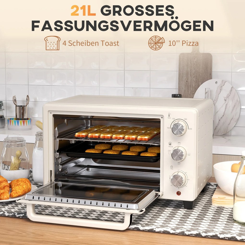HOMCOM Mini trouba 21L Pizza Mini trouba Plech na pečení Plech na drobky 1400W Pultová trouba 1h Časovač 100-230°C Kovový krém