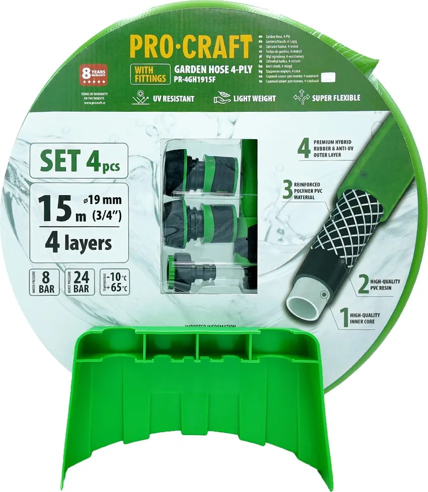 Procraft PR-4GH1915F - zelená zahradní hadice, 4 vrstvy, 3/4", 15m