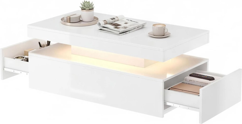 HOMCOM konferenční stolek, vysoce lesklá bílá se stmívatelným RGB LED páskem, ovládání přes aplikaci, 2 zásuvky, synchronizace s hudbou, 100 x 50 x 40