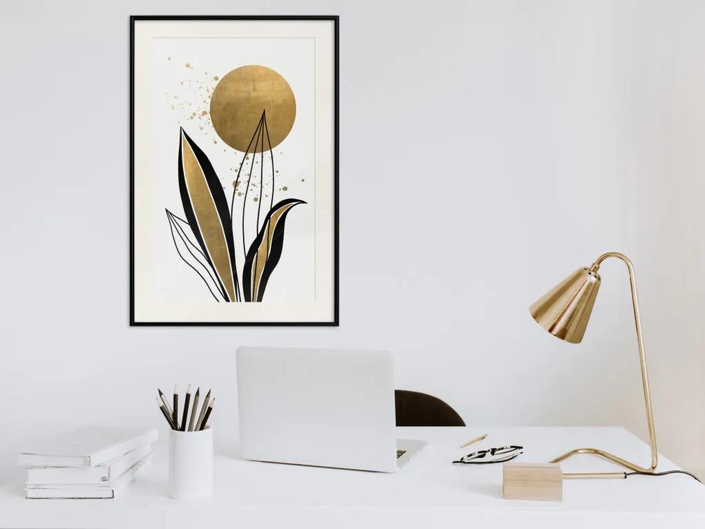 Plakát Abstraktní příroda - černo-zlaté listy, vycházející slunce a rosa