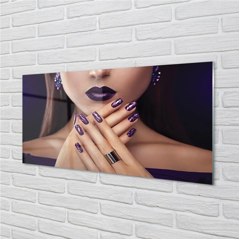 Obraz na skle Ženské ruce fialové rty 100x50 cm