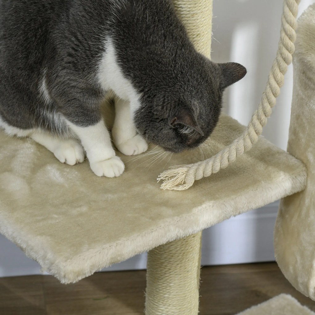 PawHut Kočka Škrábací Stožár Výška 116 cm Kočičí Strom Lezení Věž se Sisalovými Škrábacími Sloupky, Útulná Jeskyně, Platformy a Zábavné Závěsné Hračk…
