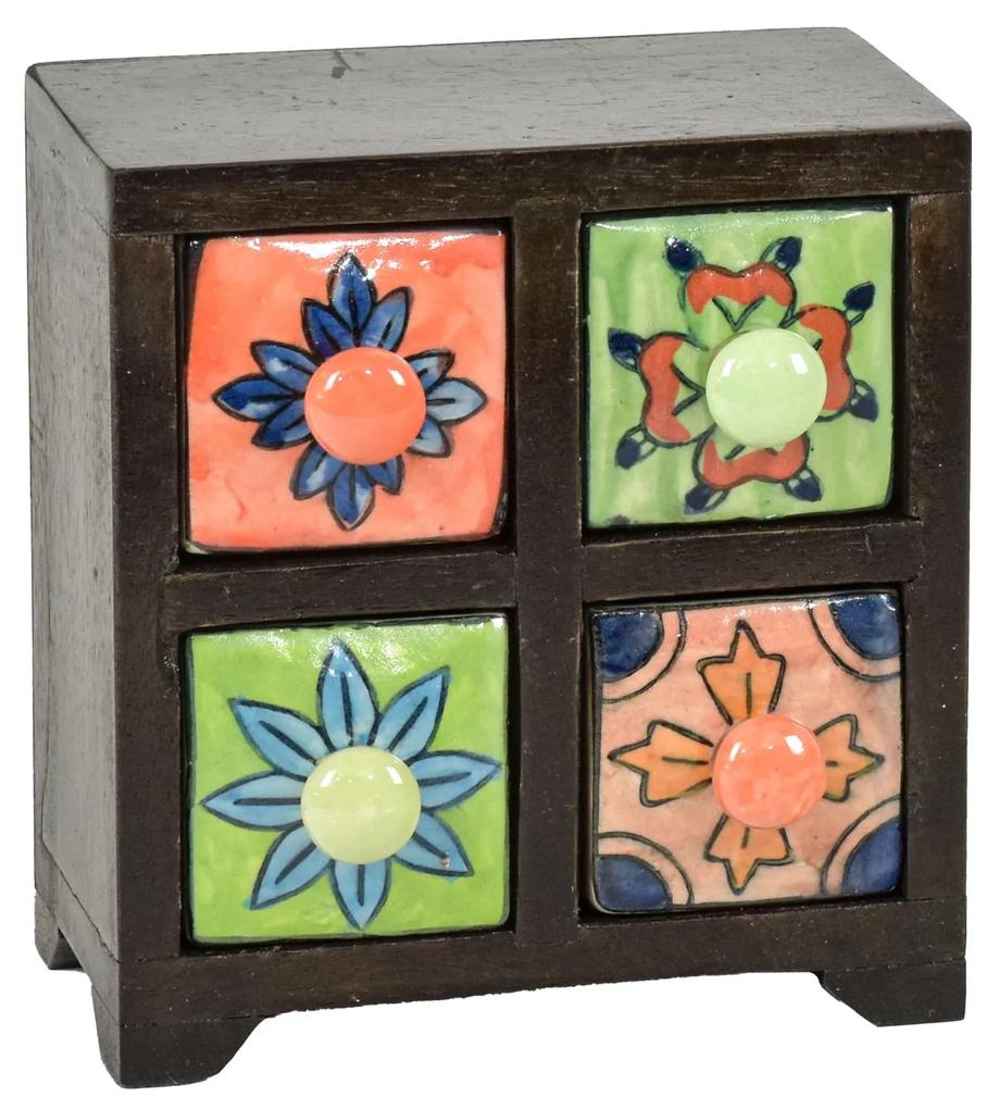 Sanu Babu Dřevěná skříňka se 4 keramickými šuplíky, ručně malované, 15x11x17cm (0C)