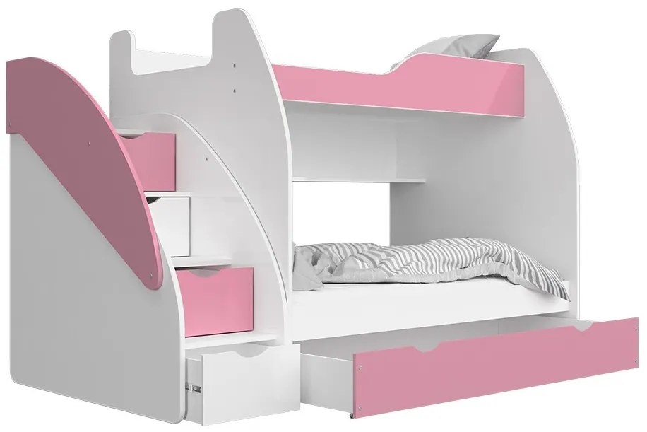 Dětská patrová postel se schůdky a úložným prostorem LEA - růžová
