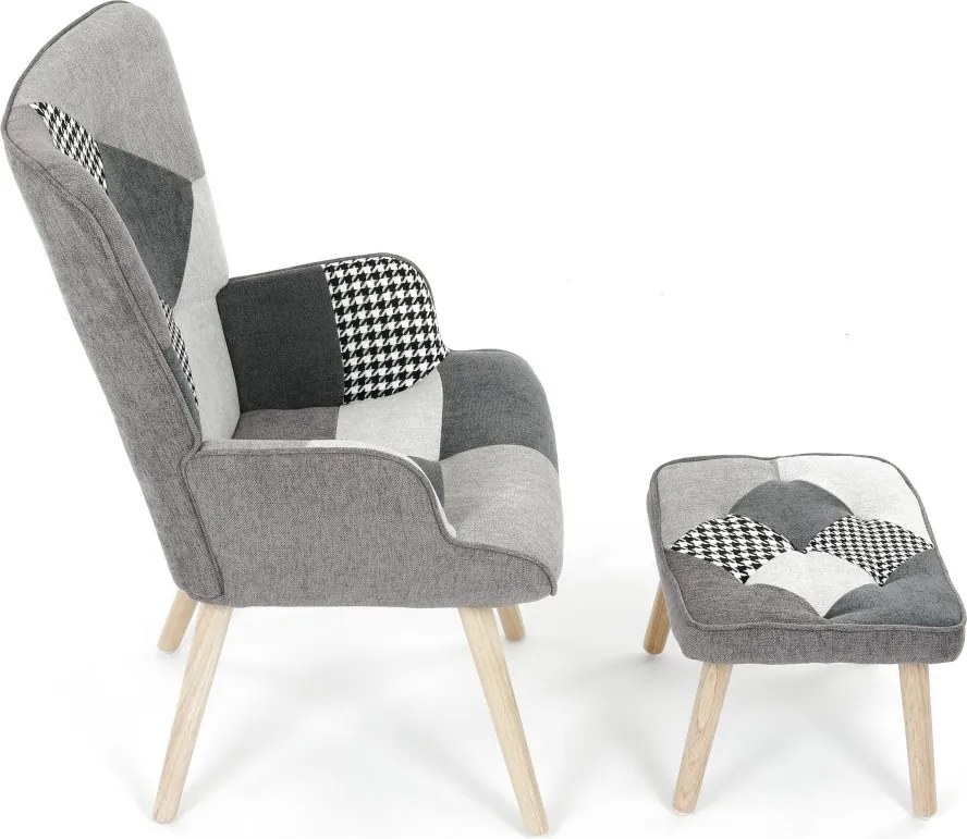 Relaxační křeslo ušák LISA + taburet — masiv, látka, černobílý patchwork
