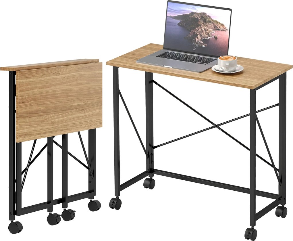 Skládací stůl HOMCOM 80 cm se zabudovanými koly pro úsporu místa, ideální do domácí kanceláře, Dub | Aosom