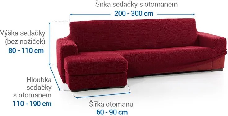 Super strečové potahy NIAGARA bordó sedačka s otomanem vlevo (š. 200 - 300 cm)