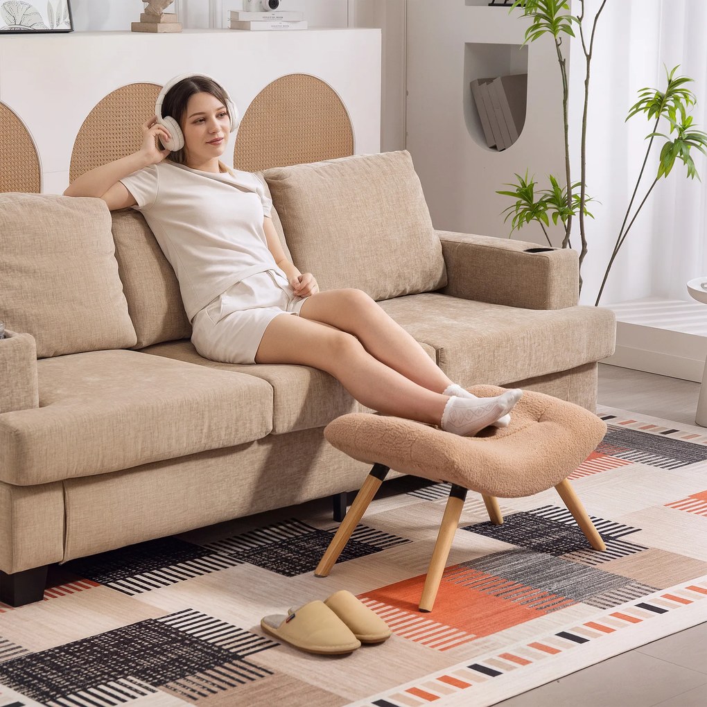HOMCOM Moderní podnožka s fleecovým potahem a dřevěnými nohami, polstrovaná, do obývacího pokoje, ložnice, předsíně, hnědá