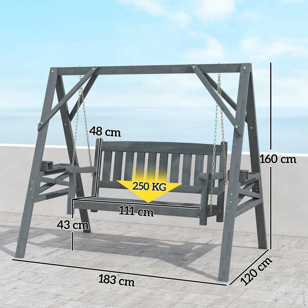 2místná zahradní houpačka, dřevěná houpací lavice s policemi, držákem na nápoje a kovovými řetězy, šedá barva