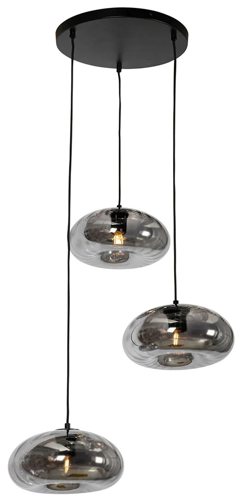 Art Deco závěsná lampa černá s kouřovým sklem kulatá 3-světelná - Ayesha