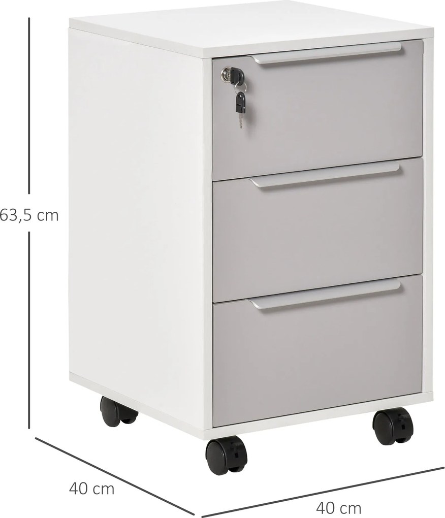 HOMCOM zásuvková jednotka se 3 zásuvkami – kancelářský file cabinet s kolečky, zámkem a 2 klíči pro domácí kancelář 40x40x63,5 cm bílá a šedá