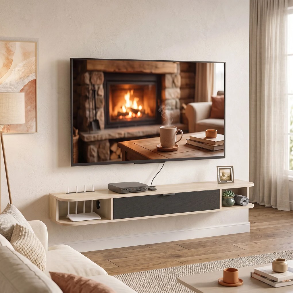 HOMCOM Závěsný TV nábytek, TV nábytek pro televize až do 152,4 cm (60 palců), výklopná zásuvka, 2 police, 140x24x16 cm, přírodní dřevo