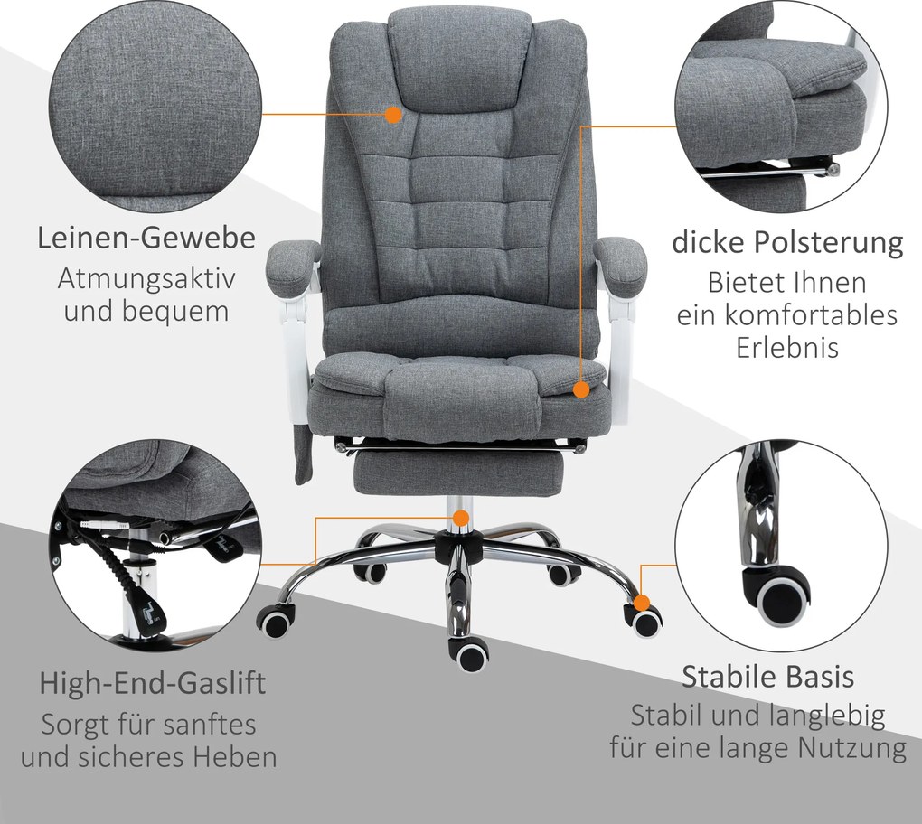 Kancelářská židle Vinsetto s masážní funkcí, výškově nastavitelná, ergonomická kancelářská židle s funkcí polohování, vyhřívání, podnožka