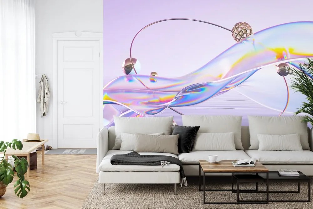 Fototapeta Abstract 3D Render. Glass Ribbon On Water With Geometric Circle And Spheres. Holographic Shape In Motion. Iridescent Digital Art For Banner Background, Wallpaper. Transparent Glossy Design Element. Omyvatelný vlies 135x90