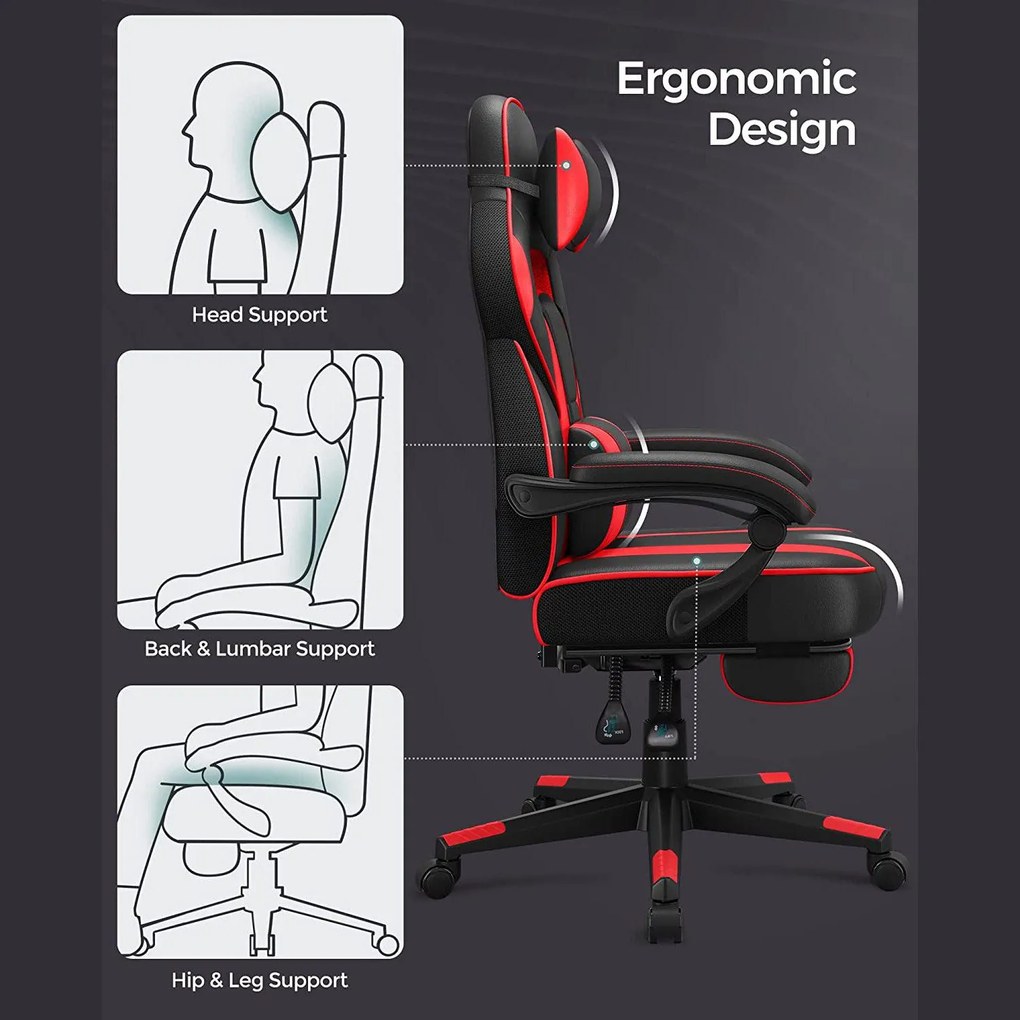 Ergonomická židle, výškově nastavitelná kancelářská židle s podnožkou, černá-červená