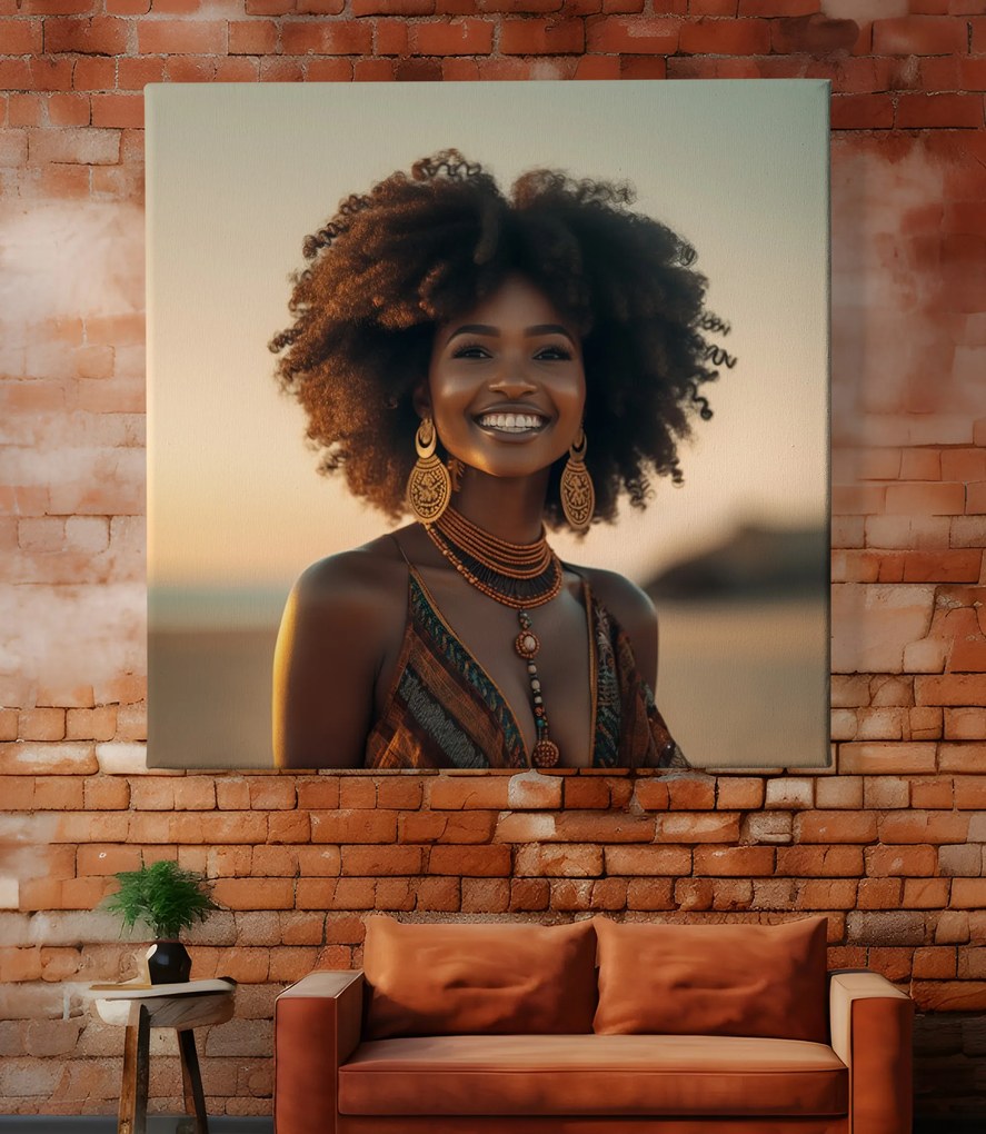Obraz na plátně - Africká žena Chipo s afrem na pláži FeelHappy.cz Velikost obrazu: 140 x 140 cm