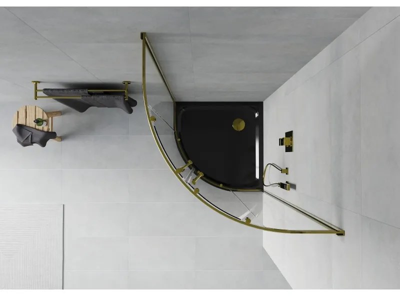Mexen Rio půlkruhový sprchový kout 90 x 90 cm, Průhledné, Zlatá + sprchová vanička Flat, Černá - 863-090-090-50-00-4170G