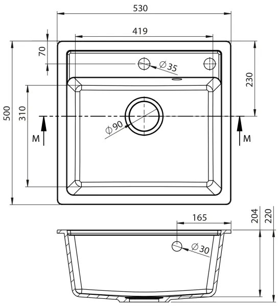 Sapho - Kuchyňský dřez 53x50 cm granit/černá