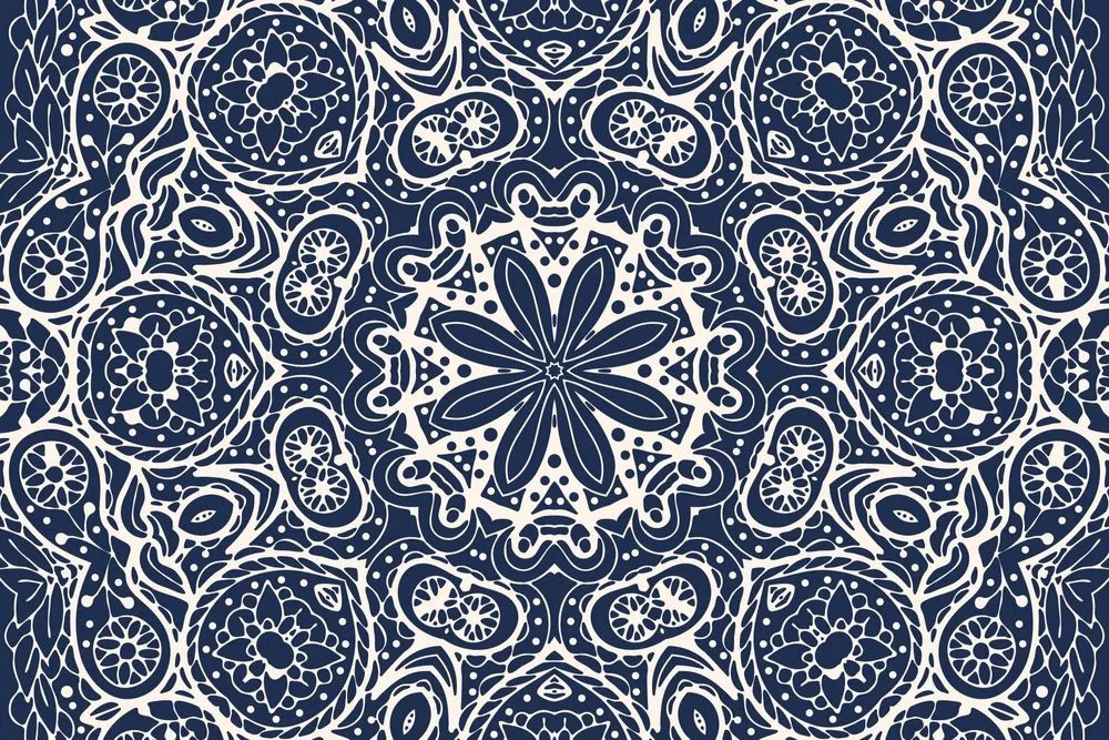 Tapeta bílá Mandala na modrém pozadí