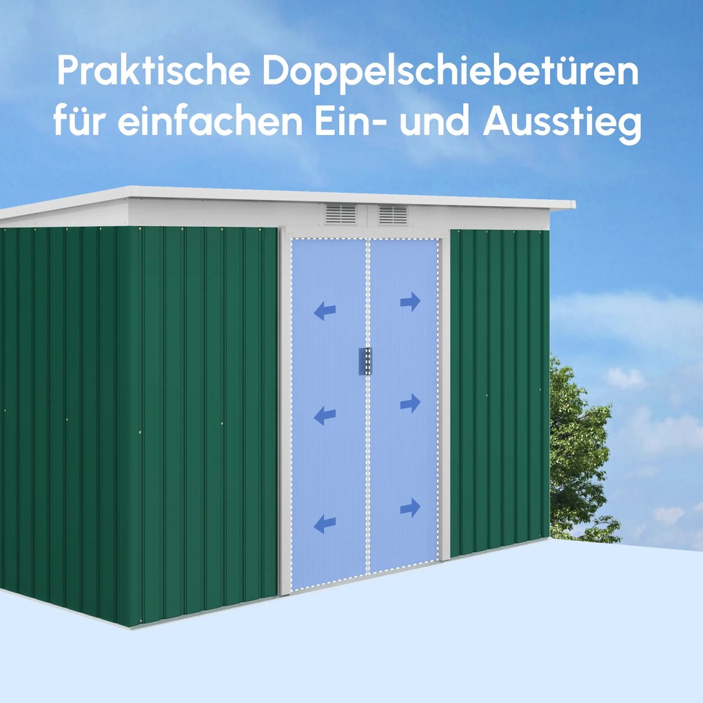 Kůlna Outsunny, zahradní kůlna, kůlna na nářadí s posuvnými dveřmi, větrací okno, jednoplášťová střecha, venkovní, ocel, tmavě zelená, 280 x 130 x 17…