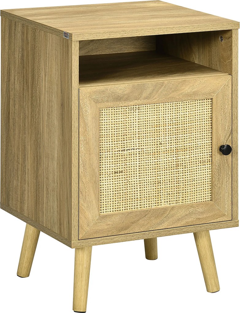 HOMCOM Noční stolek s ratanovými dveřmi a otevřeným oddílem, stabilní boční stolek do ložnice či obývacího pokoje 39x35x60 cm v přírodním provedení |