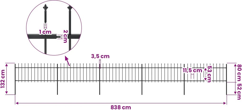 Zahradní plot s kopím nahoře ocelový 838 x 80 cm černý 277606