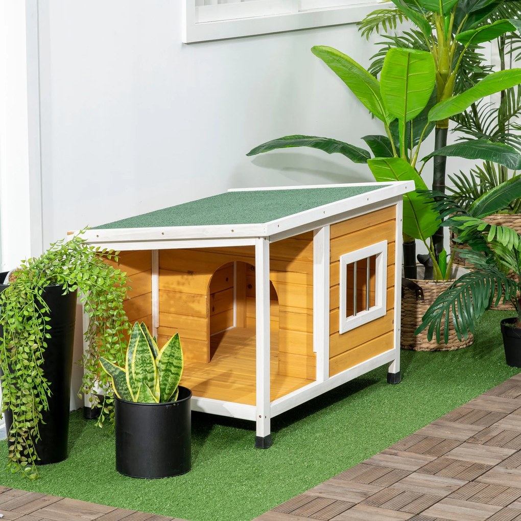 PawHut psí bouda z jedlového dřeva s terasou a odklápěcí střechou pro malé psy Indoor Outdoor Orange | Aosom.de