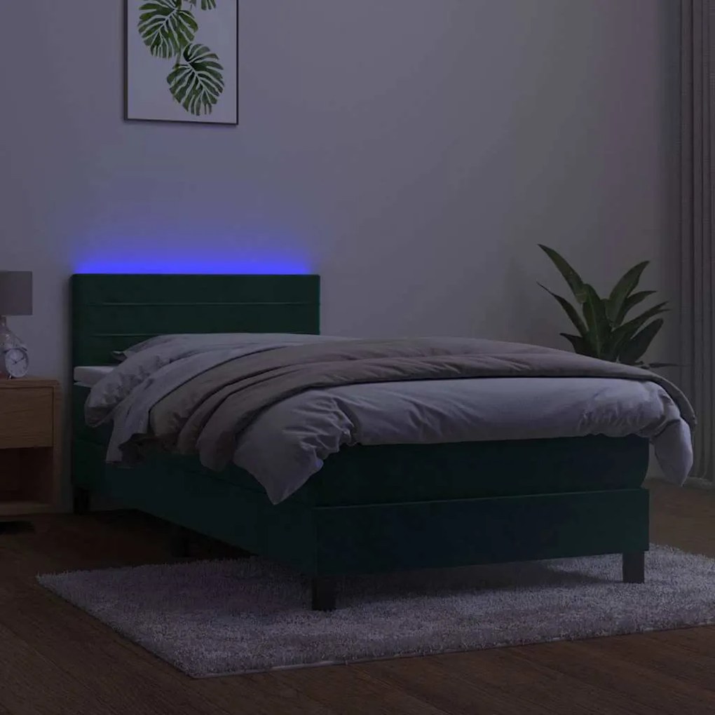 Box spring postel s matrací a LED tmavě zelená 80x200 cm samet 3134432