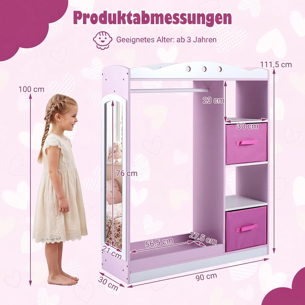 Costway Dětská šatní skříň se zrcadlem Dětská ze dřeva s otevřenými