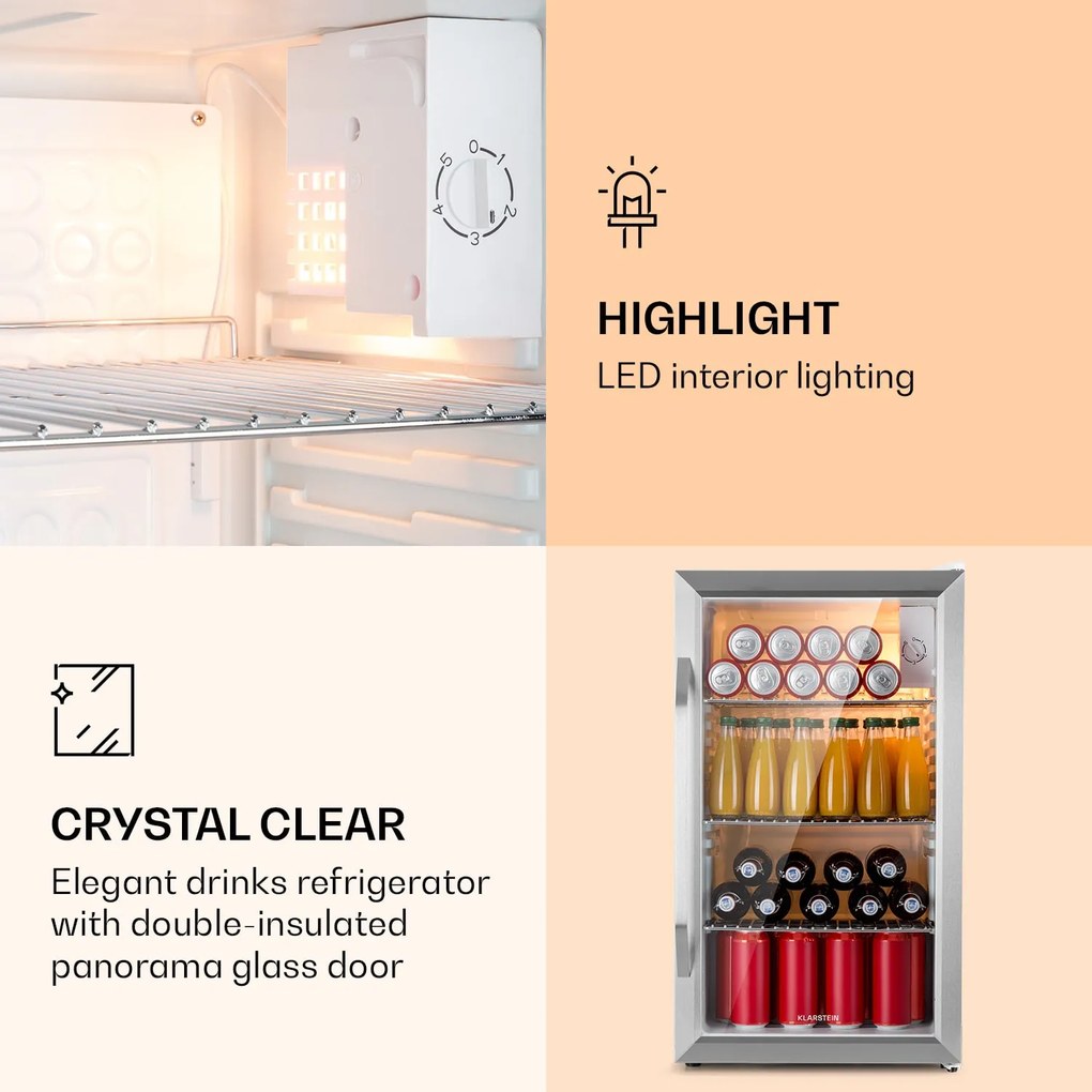 Klarstein Beersafe XXL Crystal White, lednice, 80 l, 3 police, panoramatické skleněné dveře, nerezová ocel