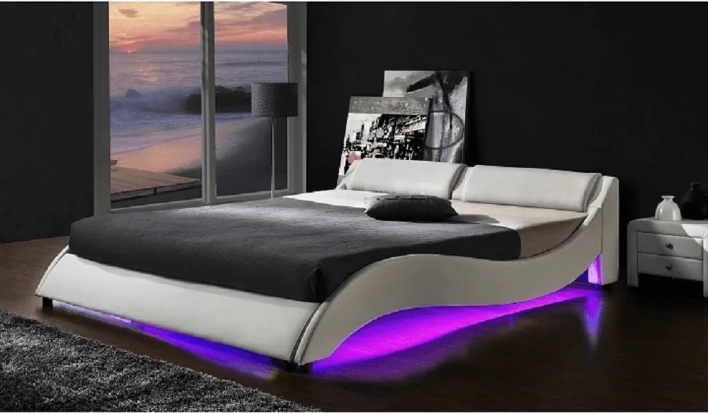 Postel s RGB LED osvětlením, bílá ekokůže, 160x200, PASCALE
