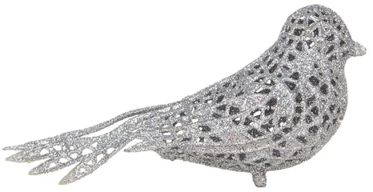 Vánoční ozdoba stříbrný třpytivý ptáček na kolíčku – 16x6x6 cm