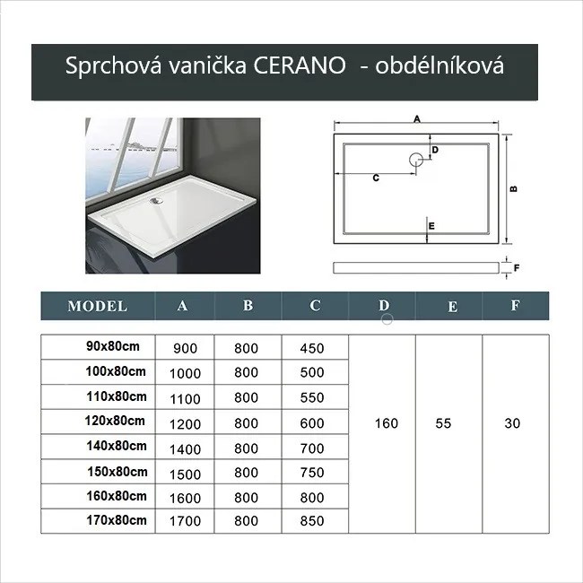 CERANO - Sprchová vanička z litého mramoru obdélníková Piato - bílá matná - 160x80 cm