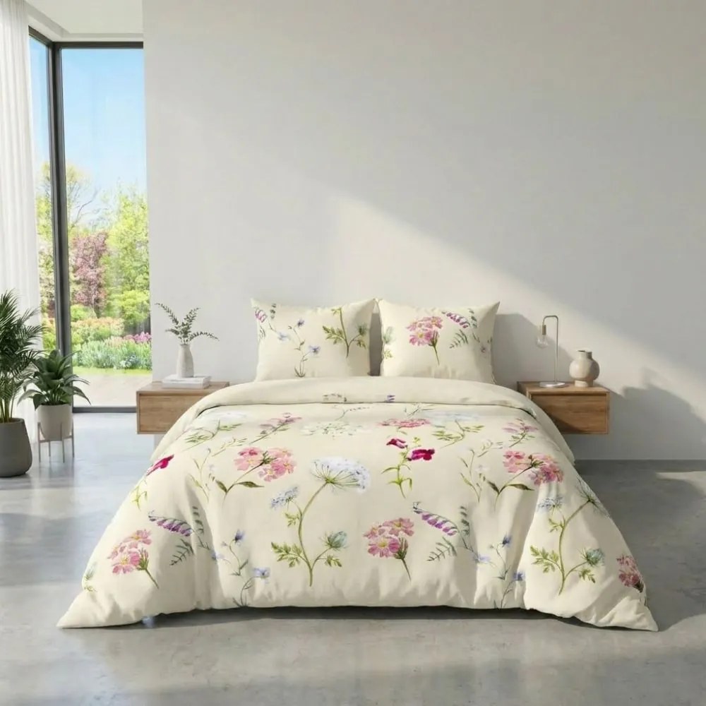Kvalitex Klasické ložní bavlněné povlečení DELUX BOTANICA smetanová 1x 140/200, 1x 70/90cm