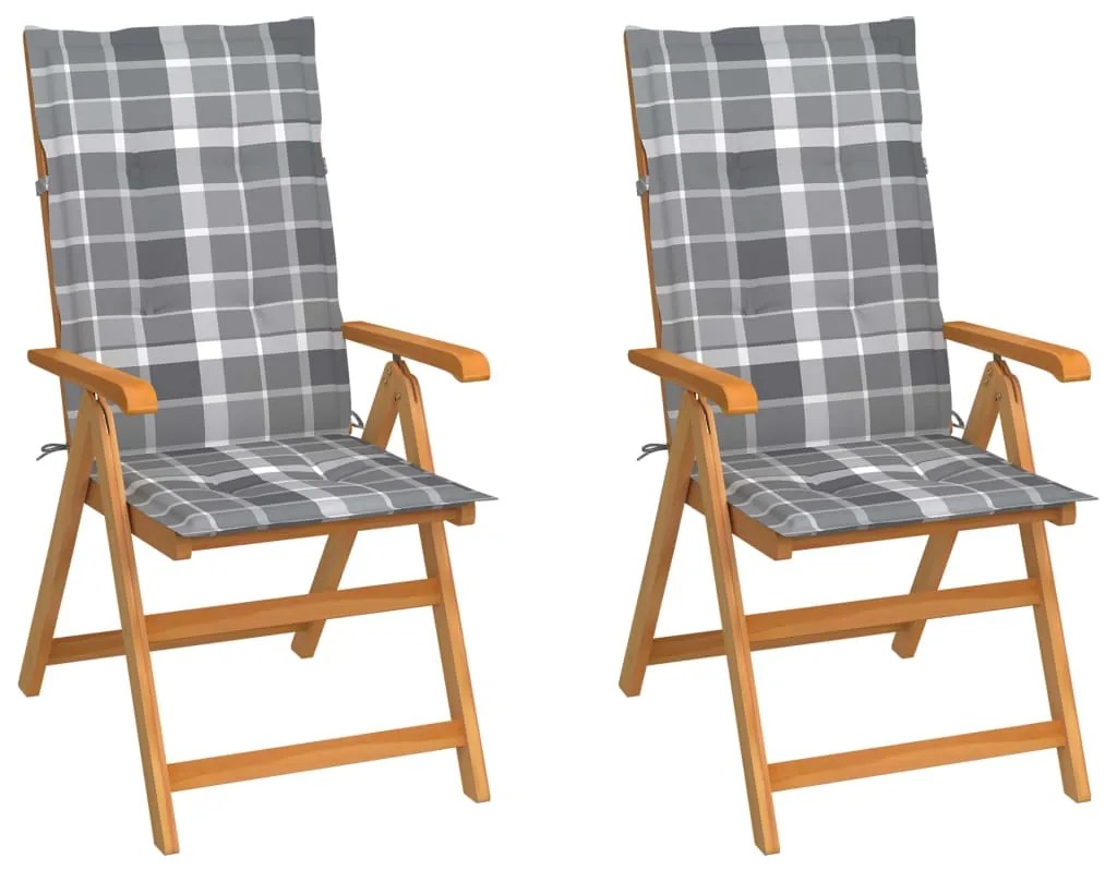 3062390 vidaXL Zahradní židle 2 ks šedé kárované podušky masivní teak