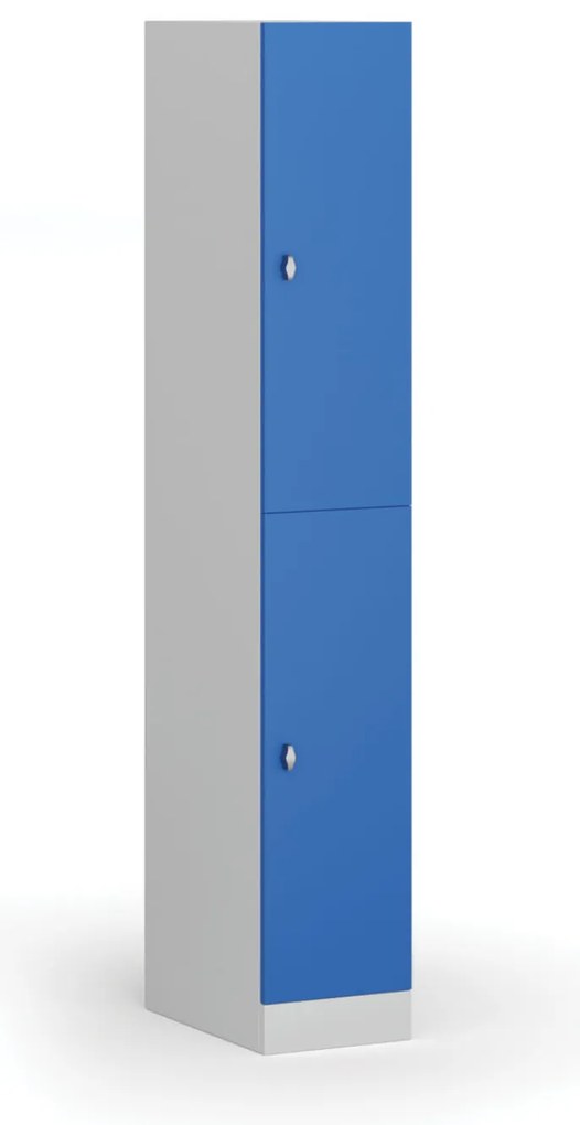 Šatní skříňka S1 s úložnými boxy, 2 boxy, 1850 x 300 x 500 mm, otočný zámek, modré dveře
