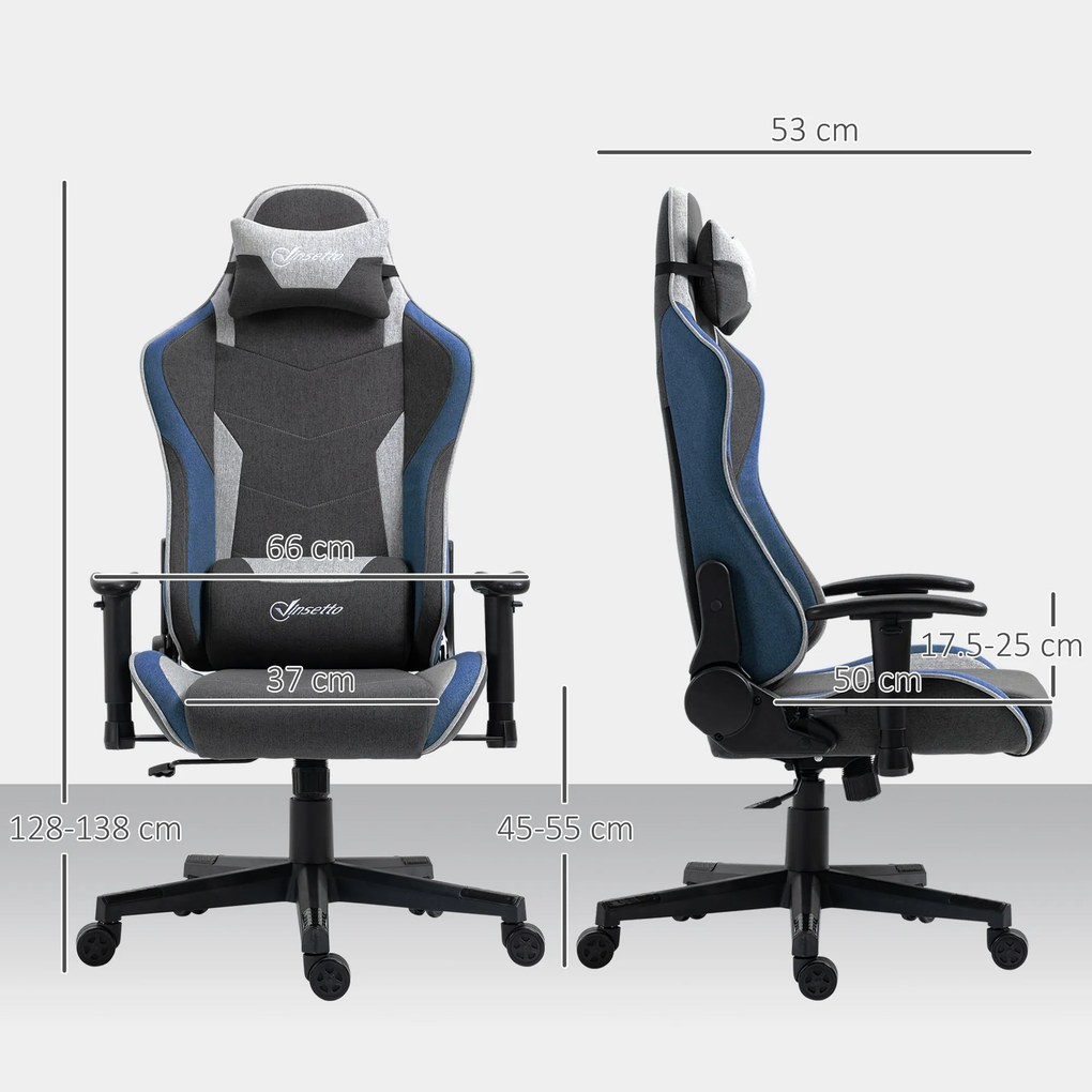 Ergonomická herní židle Vinsetto s opěrkami, opěrkou hlavy, nastavitelnou výškou a sklápěcí kancelářská herní židle v lněné tkanině s houpací funkcí …