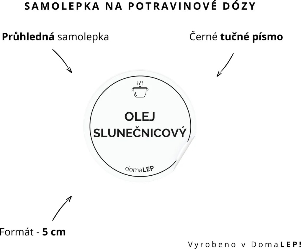 OLEJ SLUNEČNICOVÝ - omyvatelná samolepka na dózu, výběr rozměrů Ø 5 cm / 5 x 5 cm / 6 x 8 cm | DomaLEP tvar: OBDÉLNÍK, barva: PRŮHLEDNÁ - ČERNÉ písmo, velikost: š. 6 cm x v. 8 cm – základní písmo